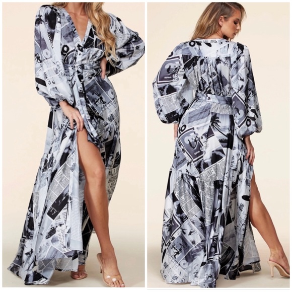L'ATISTE | Dresses | Silky Newspaper Print Maxi Dress | Poshmark